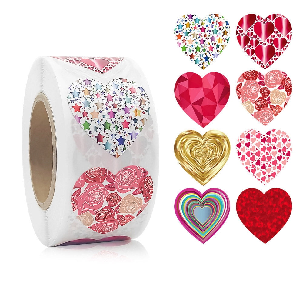 500pcs/roll Glitter Valentines Heart Stickers, 1 Inch Heart Shaped ...