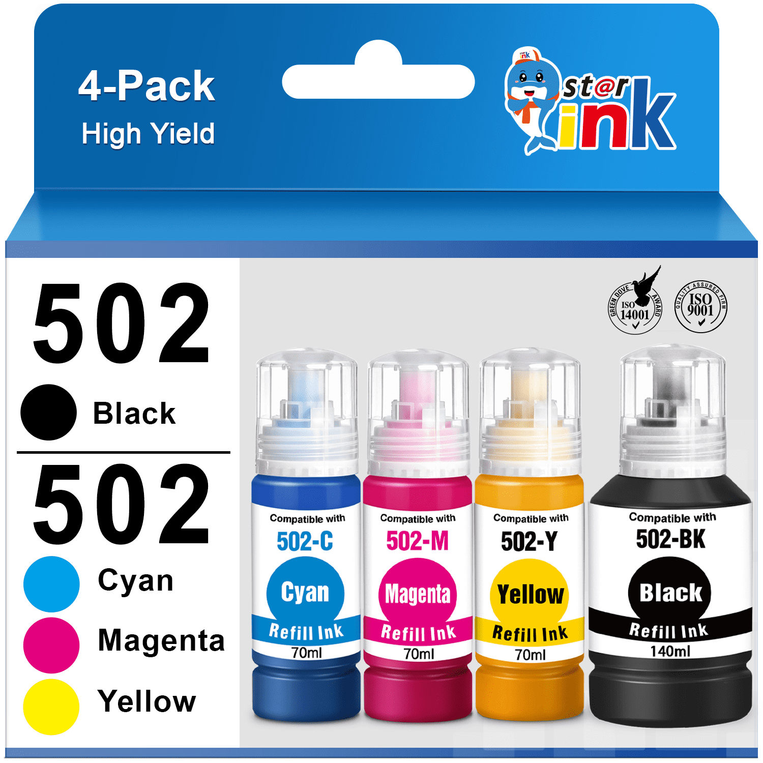 Epson 502 T502 Ecotank Refill Ink, 4 Pack for ET Series Printers (Black ...