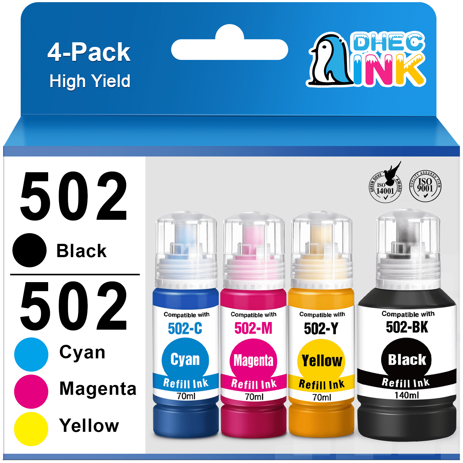 Epson 502 T502 Ecotank Refill Ink, 4 Pack for ET Series Printers (Black ...