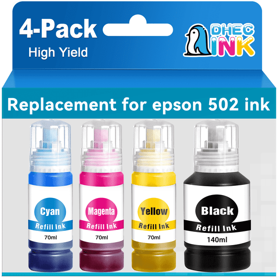 Epson 502 T502 Ecotank Refill Ink, 4 Pack for ET Series Printers (Black ...