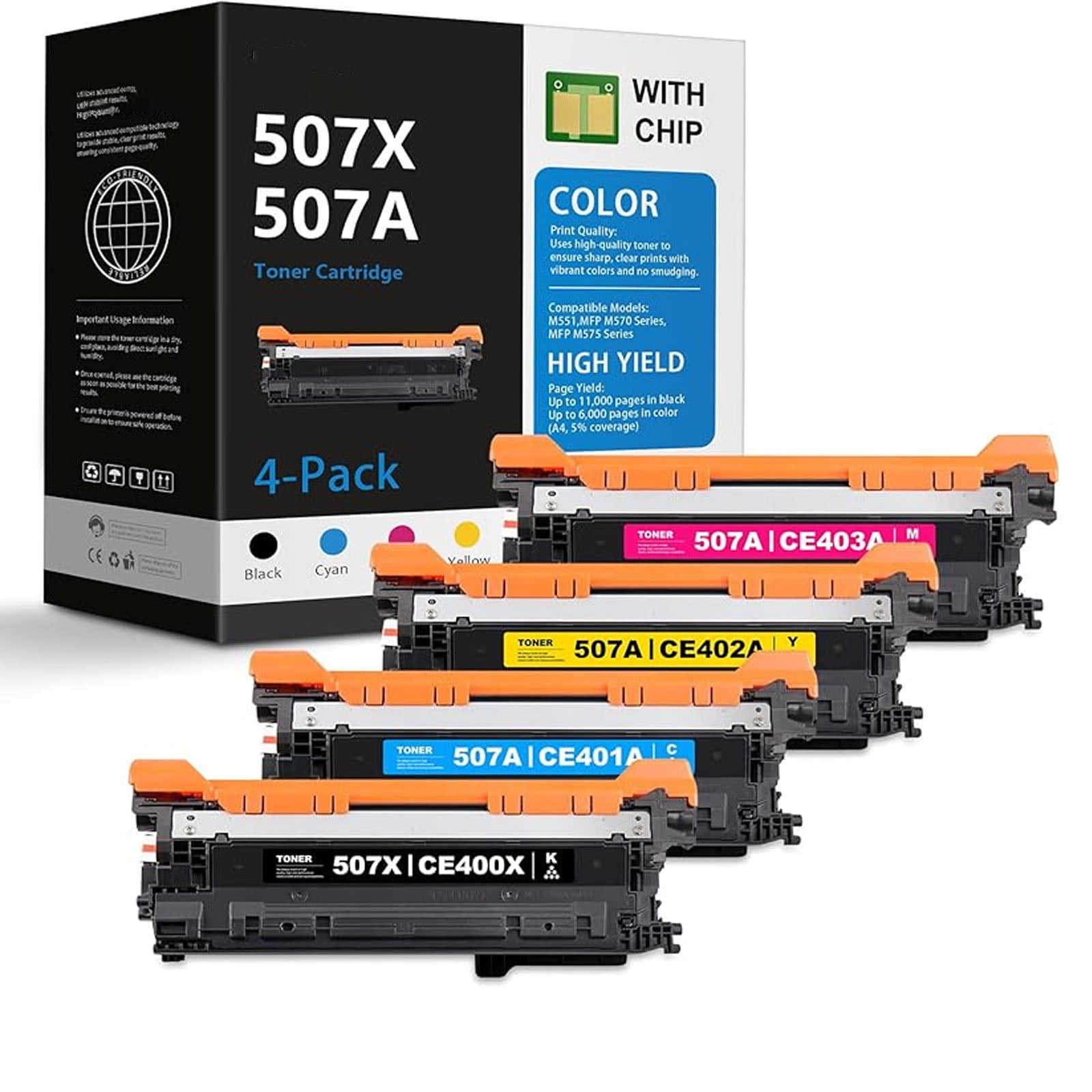 507X 507A Toner Cartridges 4-Pack (BK/C/M/Y) High Yield Replacement for HP 507X Toner & 507X Ink ...