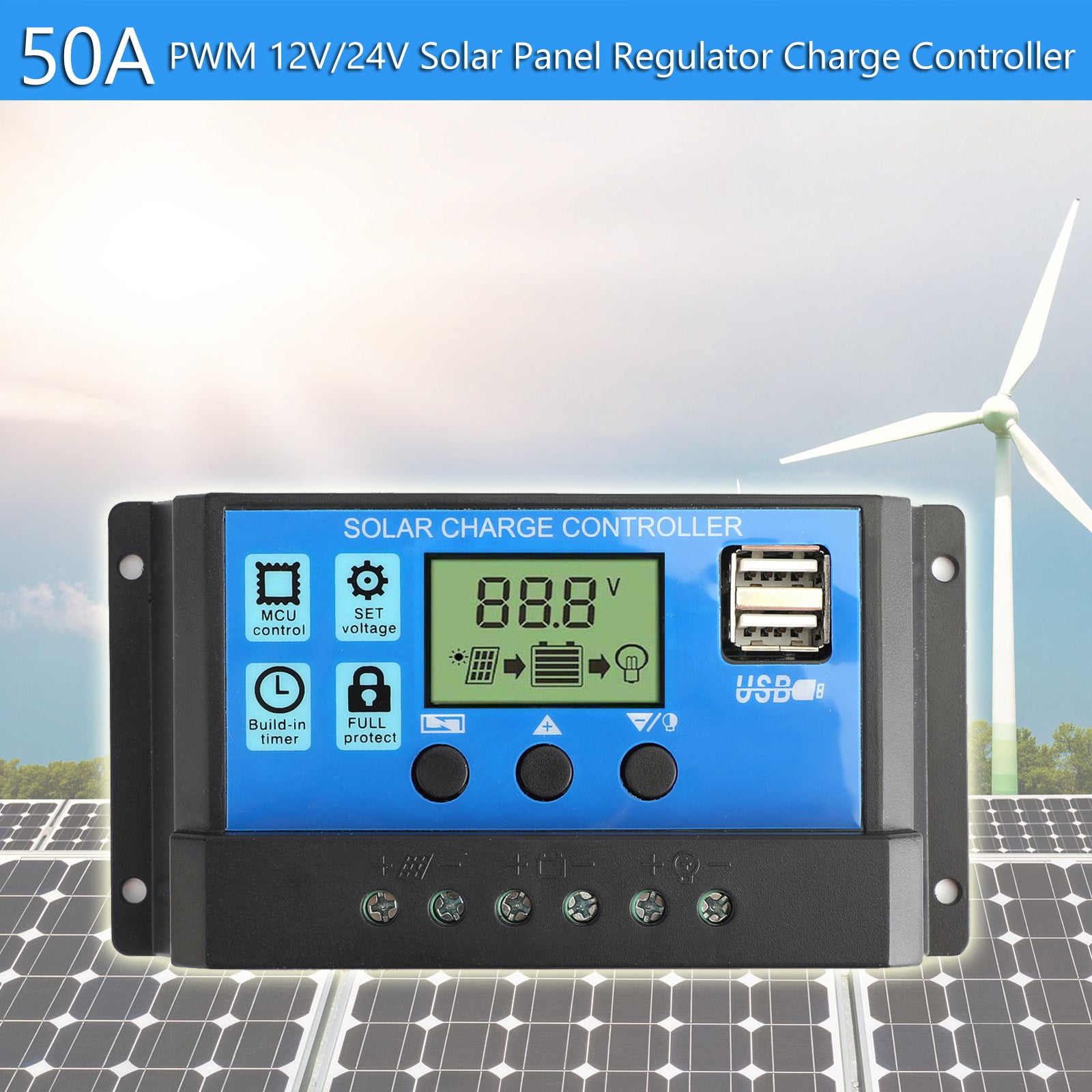 50A Solar Charging Controller Panel Battery Controller PWM LCD Dual USB ...