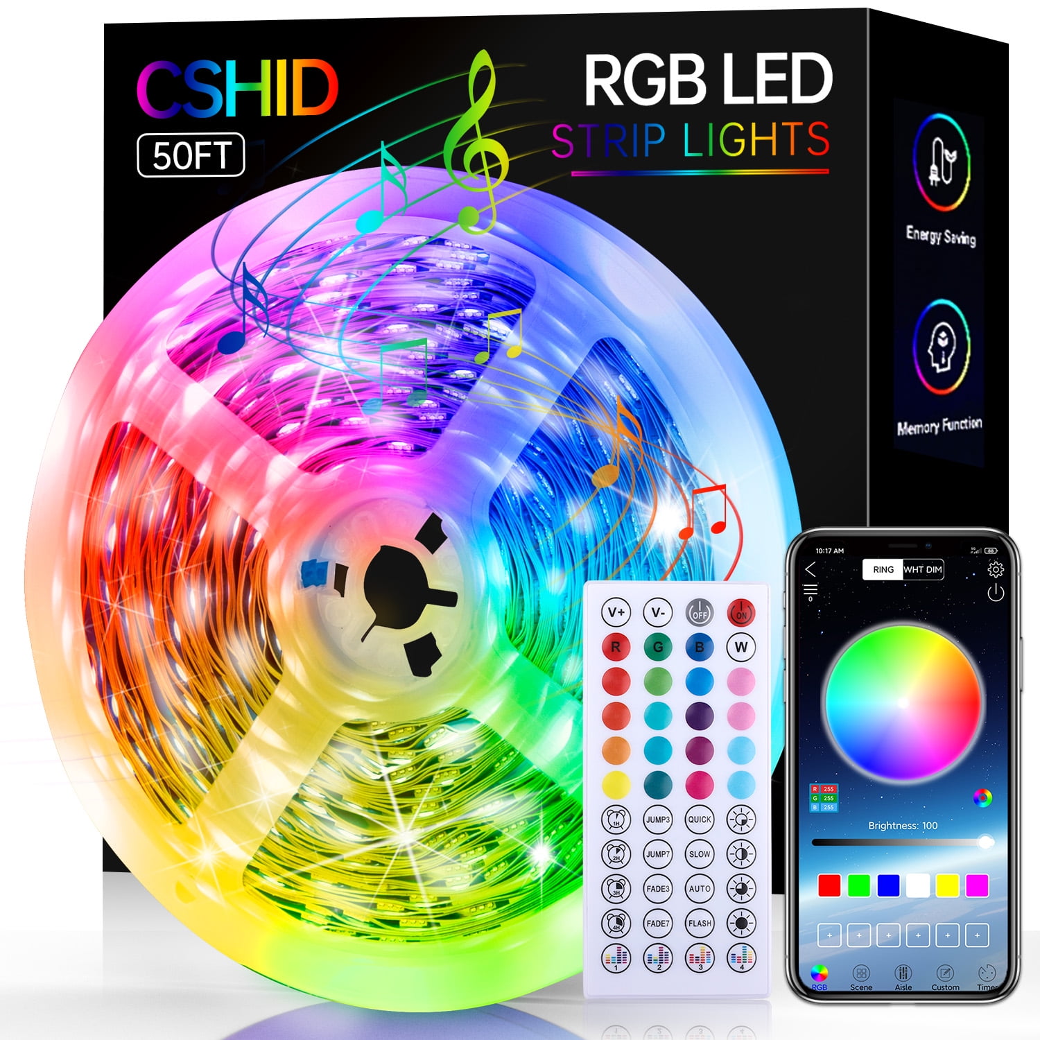 Cshidworld 50FT Music Sync LED Strip Lights, Smart RGB, 5050 SMD, 16M ...