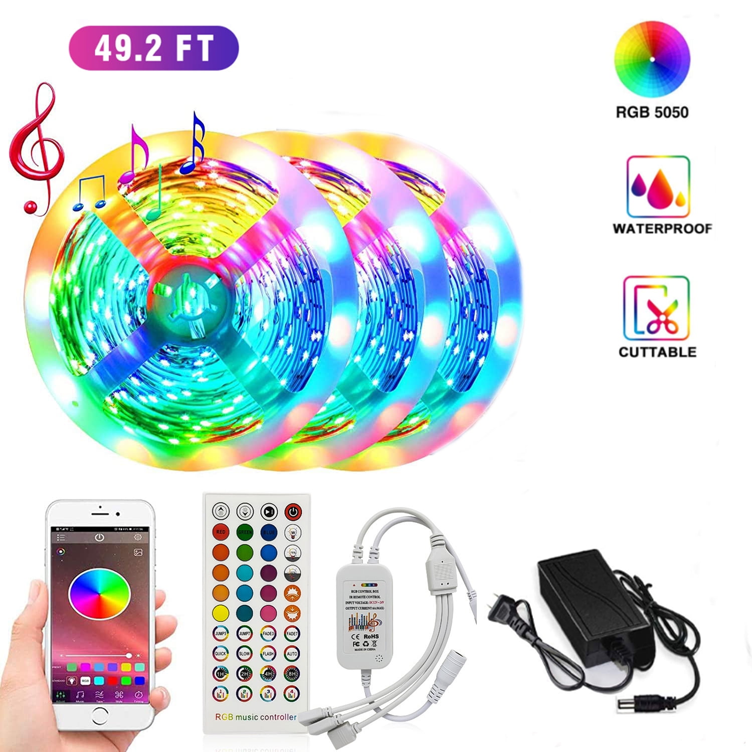 50FT/20m LED Strip Lights，Music Sync Color Changing RGB LED Strip Built ...