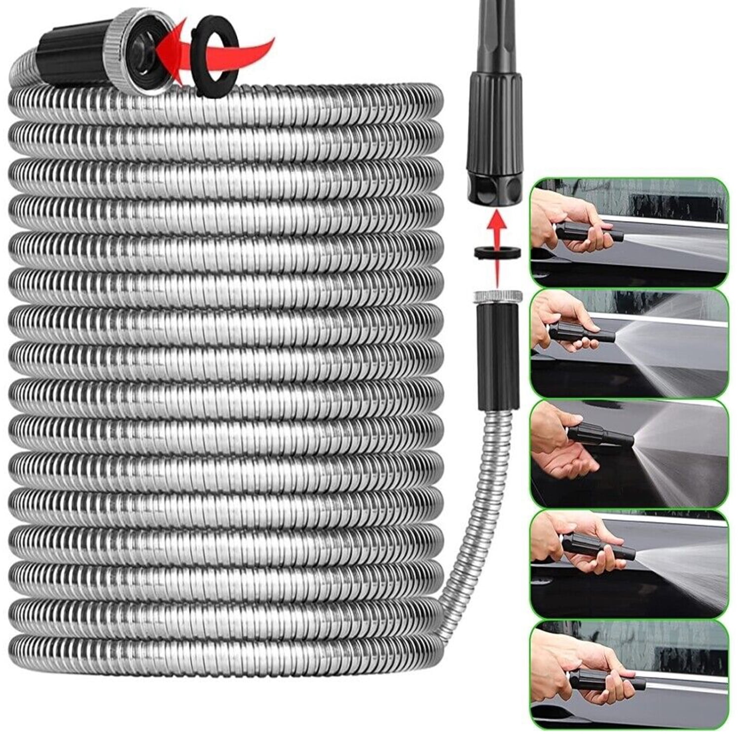 XEENSO 50FT Stainless Steel Garden Hose, Flexible Metal Design, 6 Spray ...