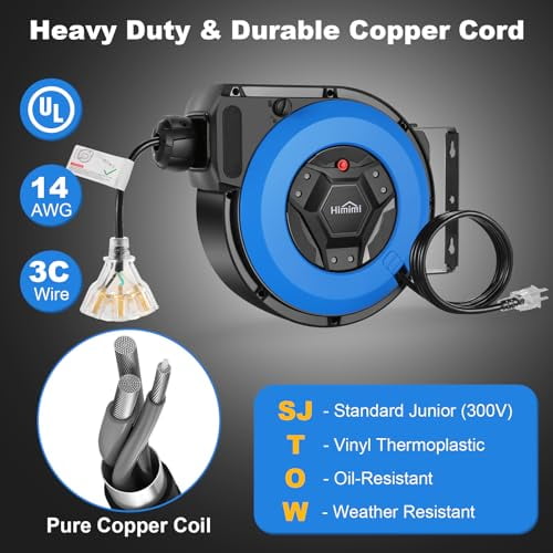 50FT+6.5FT Retractable Extension Cord Reel, Wall/Ceiling Mounted Extension Cord Reel for Garage ...