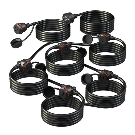 50FT Black Outdoor Extension Cord, Evenly Spaced 6 Outlets Plugs with ...