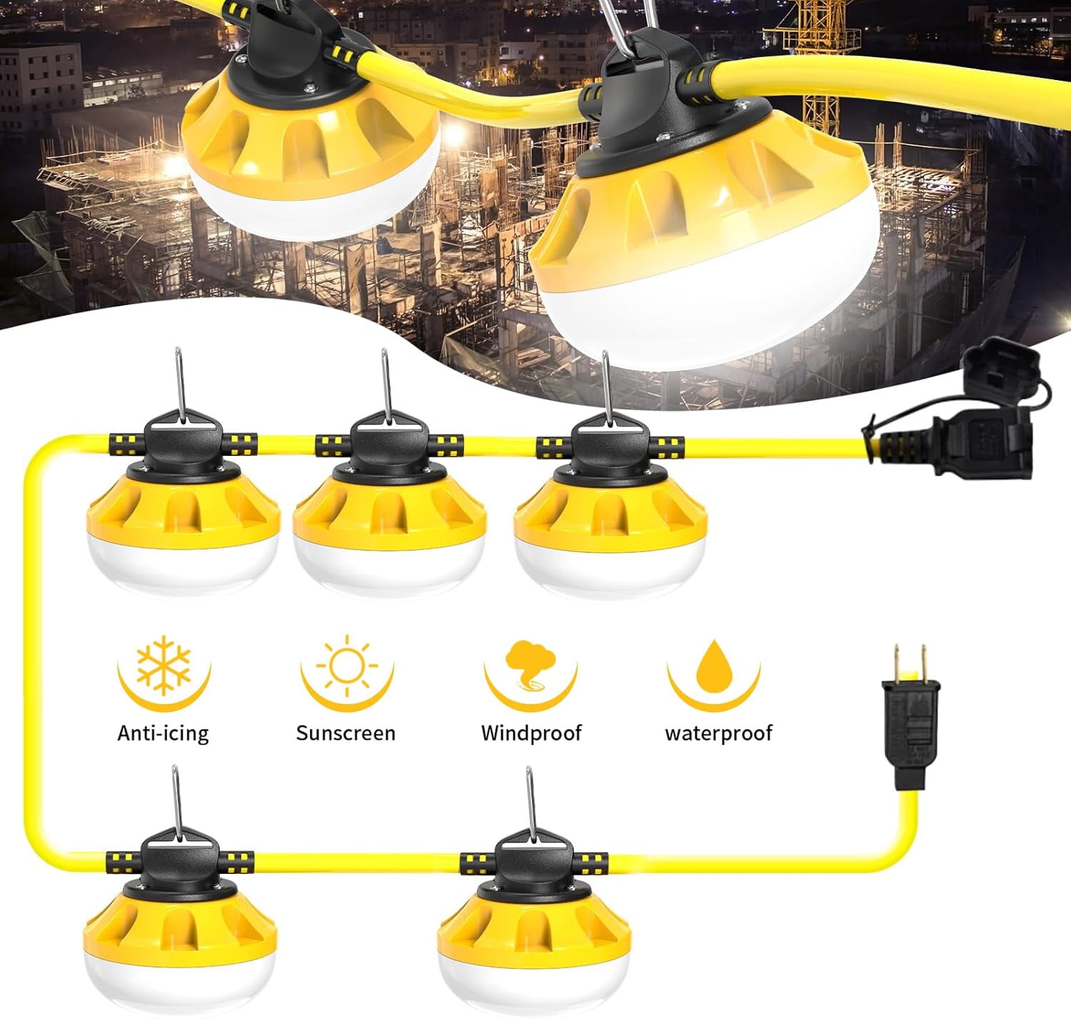 50FT Construction String Lights LED Industrial Grade Construction Sites ...