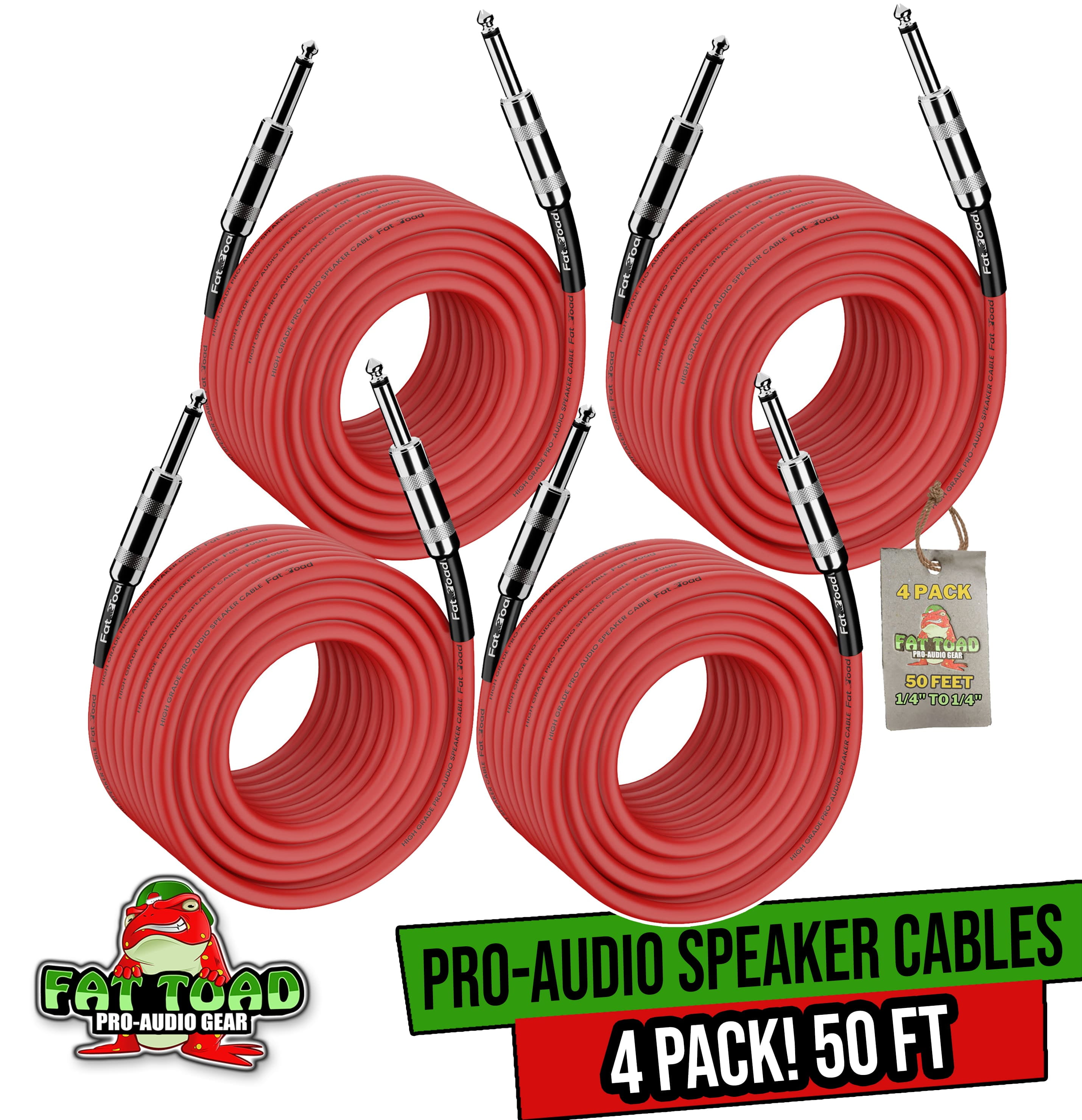 50FT DJ Speaker Cables (4-Pack) by FAT TOAD | 1/4-Inch 12 AWG Male Jack ...