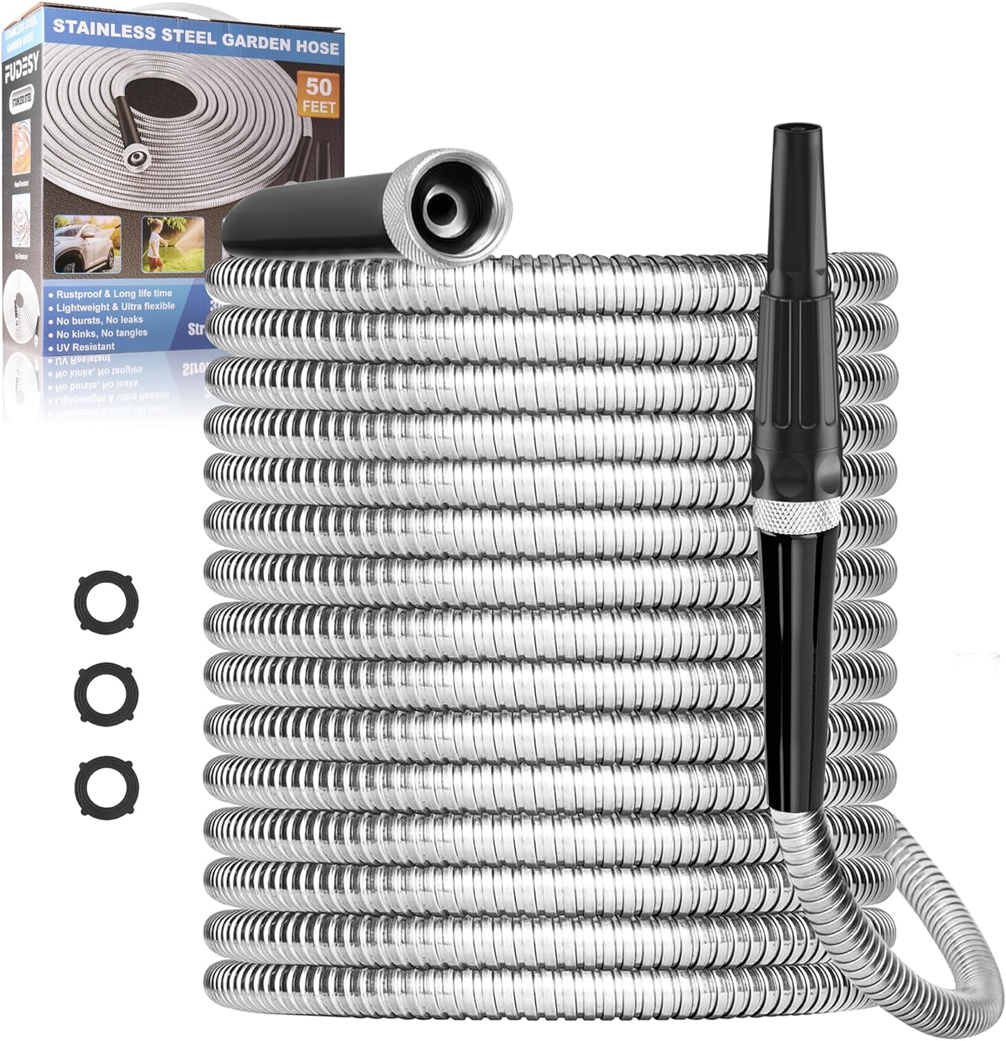 50ft Garden Hose 304 Stainless Steel Metal Water Hose Flexible