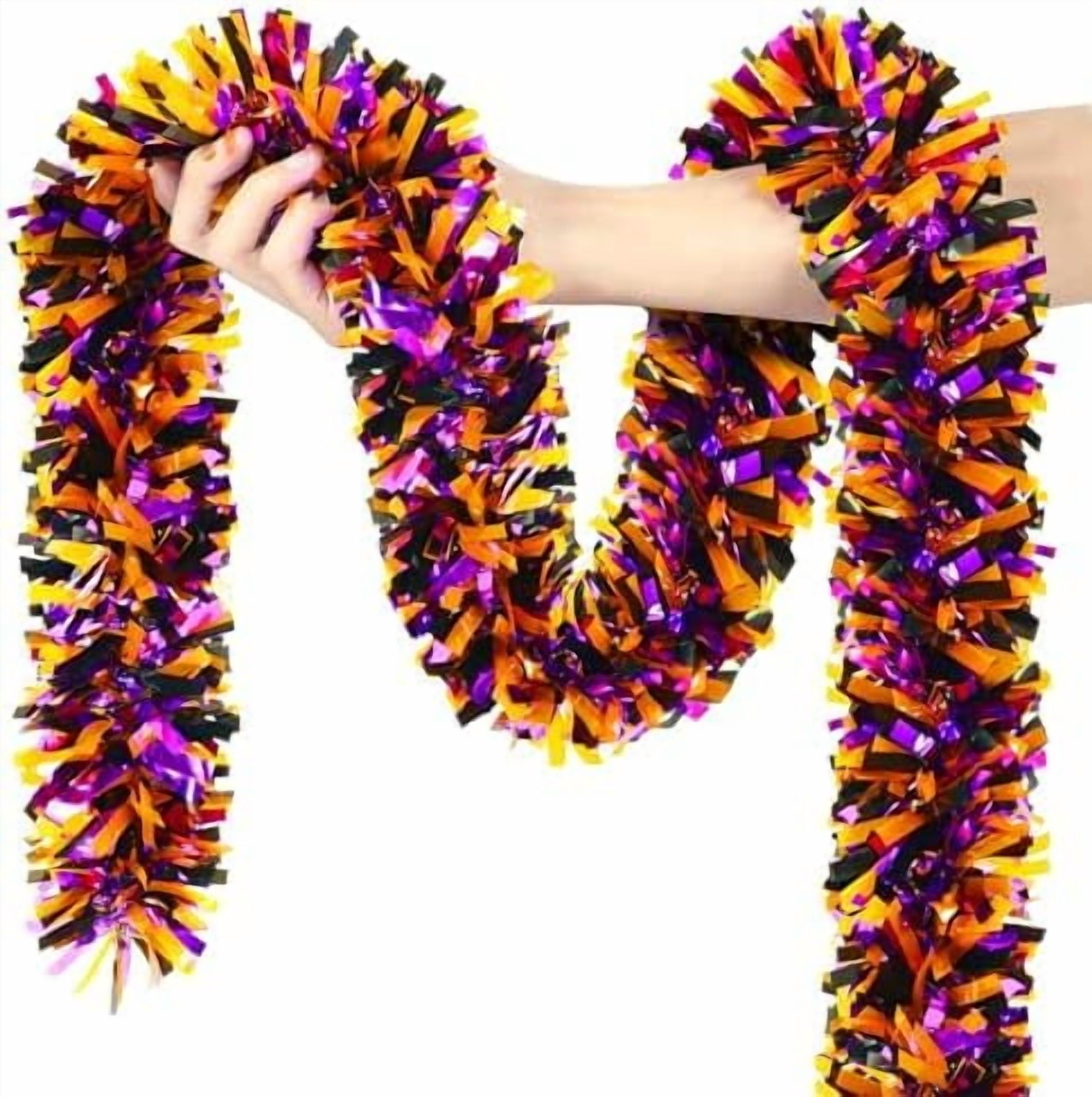 50FT Halloween Decorations Tinsel Garland, Orange Purple Black Shiny ...