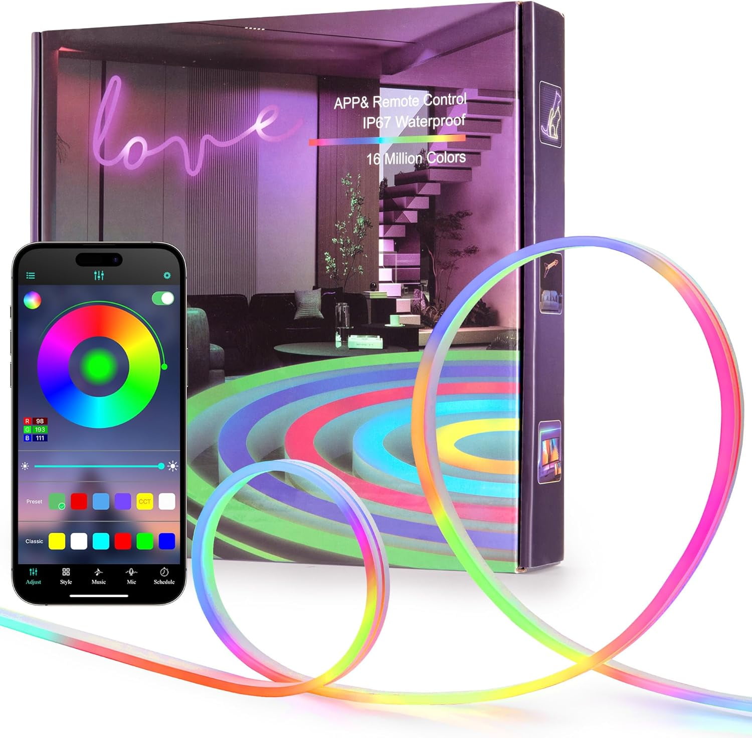 50FT LED Neon Rope Lights, Flexible Led Rope Lights Control with App ...