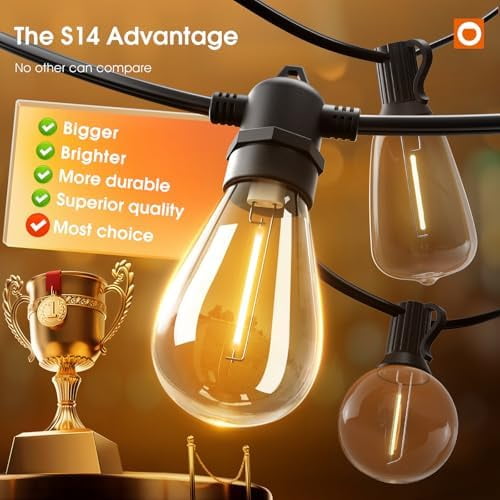 50FT LED Outdoor String Lights with Edison Shatterproof Bulbs ...