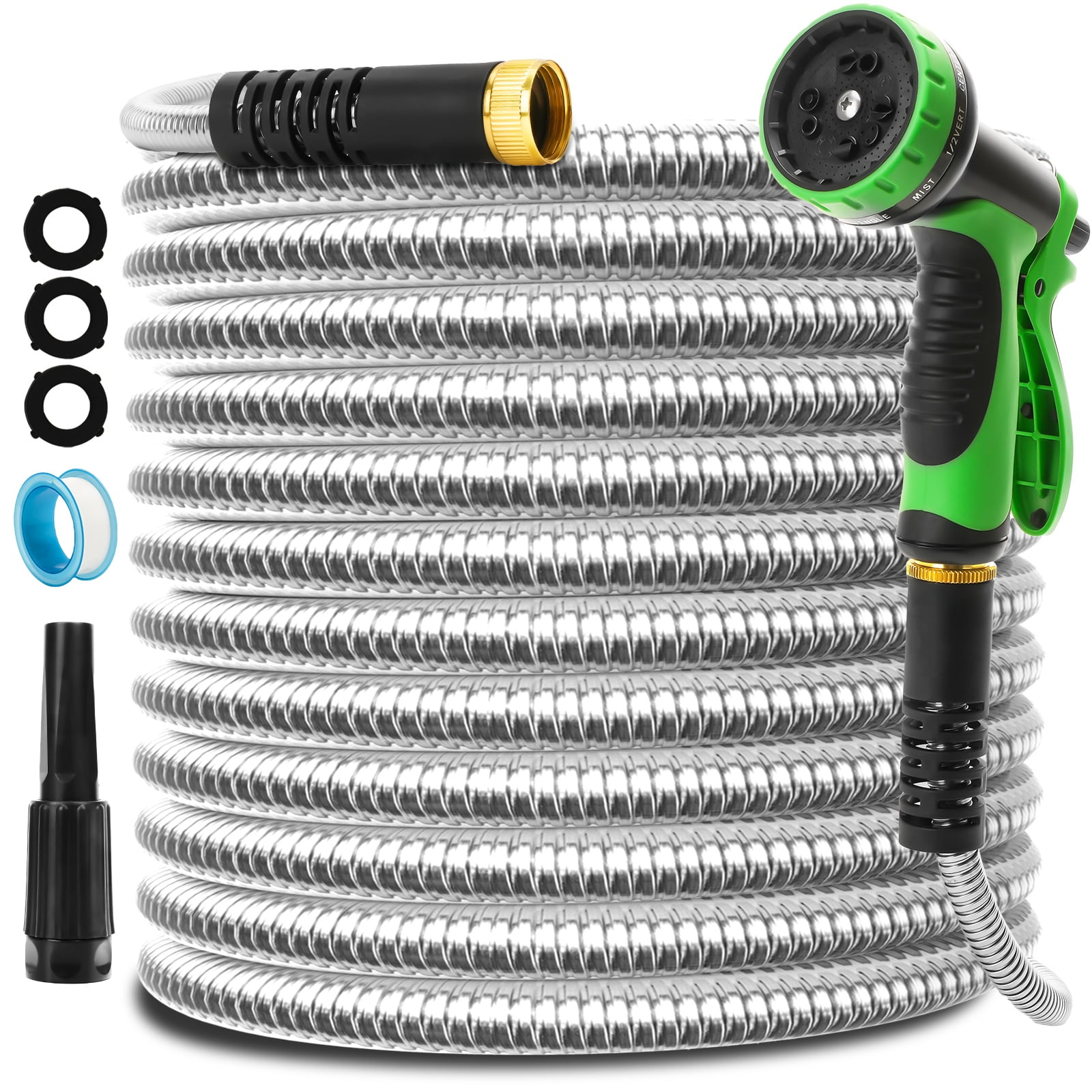 50FT Non-Retractable Stainless Steel Garden Hose Set w/10-Function ...