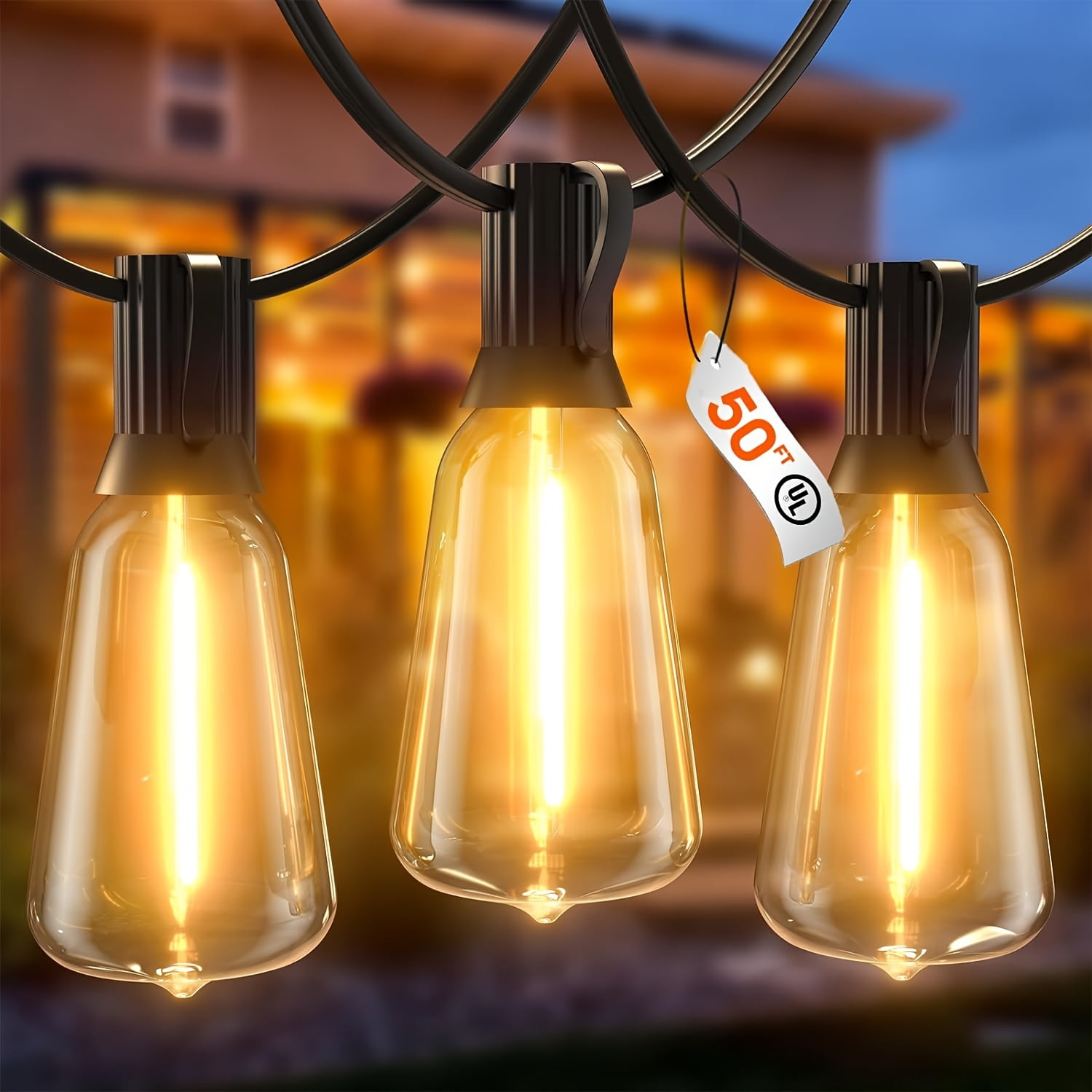 50FT Outdoor String Lights, Patio String Lights with 25+1 ST38 Dimmable ...