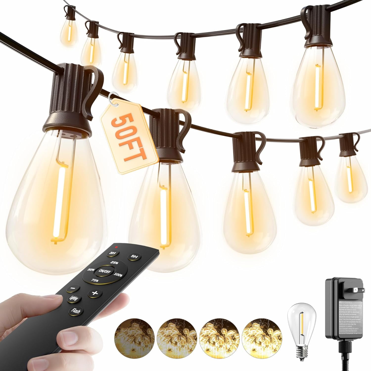 50FT Outdoor String Lights with Remote,16+1 Shatterproof Bulbs and ...