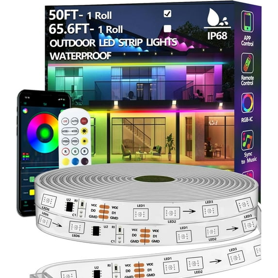 50FT Outdoor Strip Light ,IP68 Outside +IC Light Strip with App/Remote Control,Chase Mode,Music ...