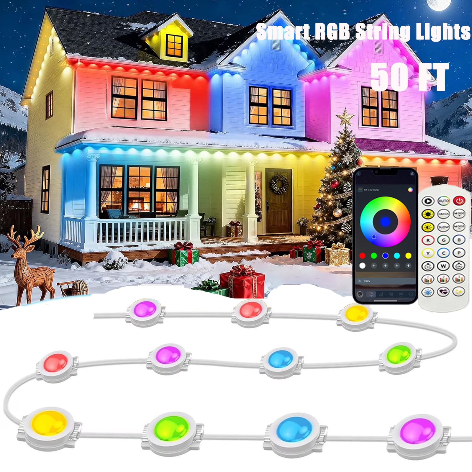 50FT Permanent Outdoor RGB Lights, 25 LEDs IP67 Waterproof Smart RGB ...