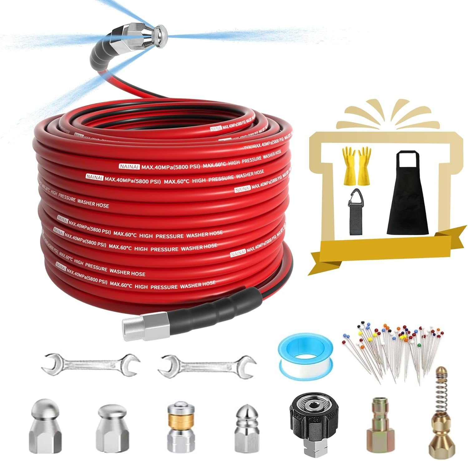 50FT Sewer Jetter Kit for Washer,1/4 Inch NPT Sewer Jetting Hose ...