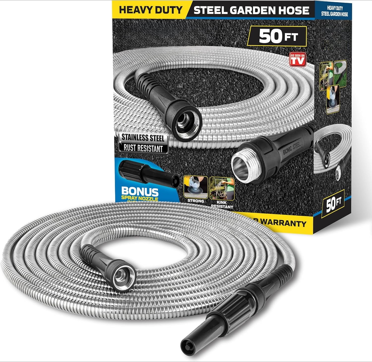 50Ft Garden Hose with Nozzle, 304 Stainless Steel Metal 50Ft Water Hose ...