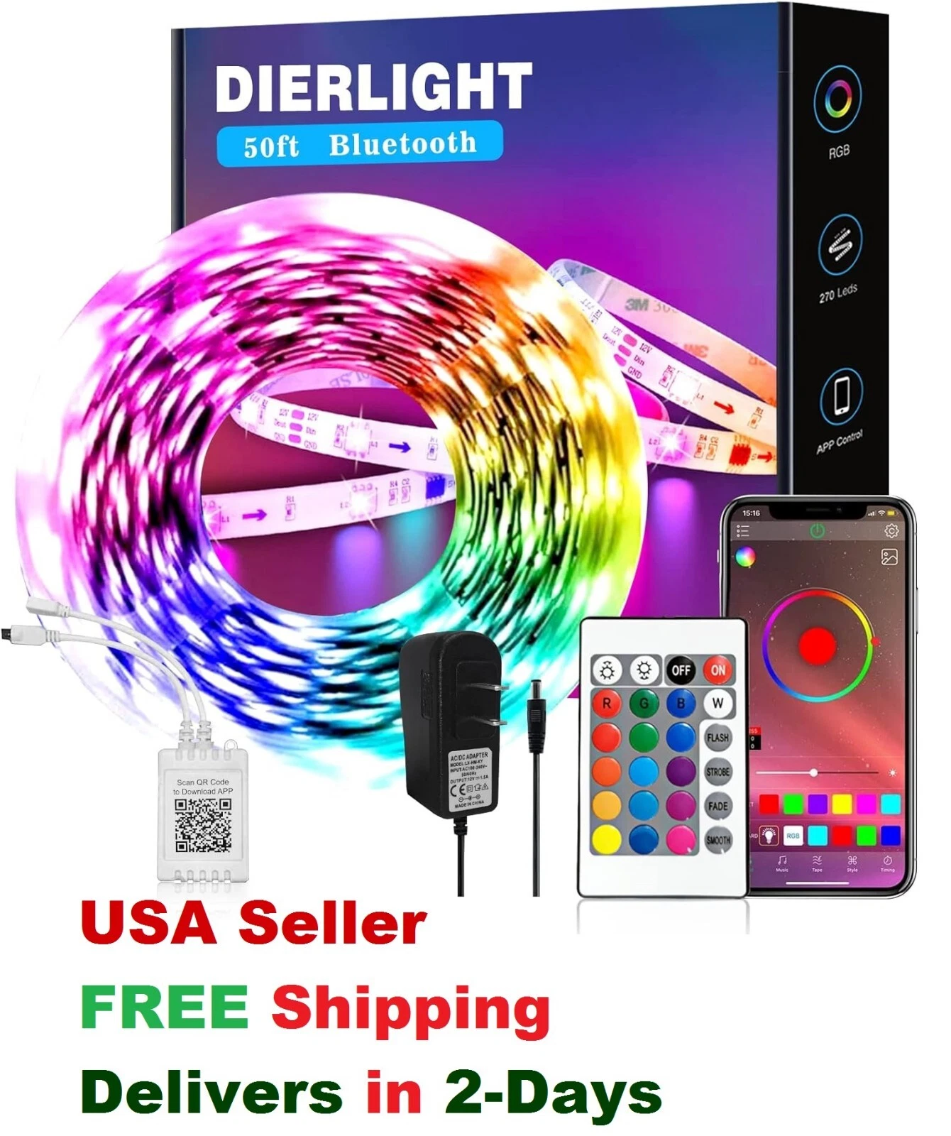 50Ft Led Strip Lights Rgb Bluetooth Color Change Remote For Rooms Bar ...