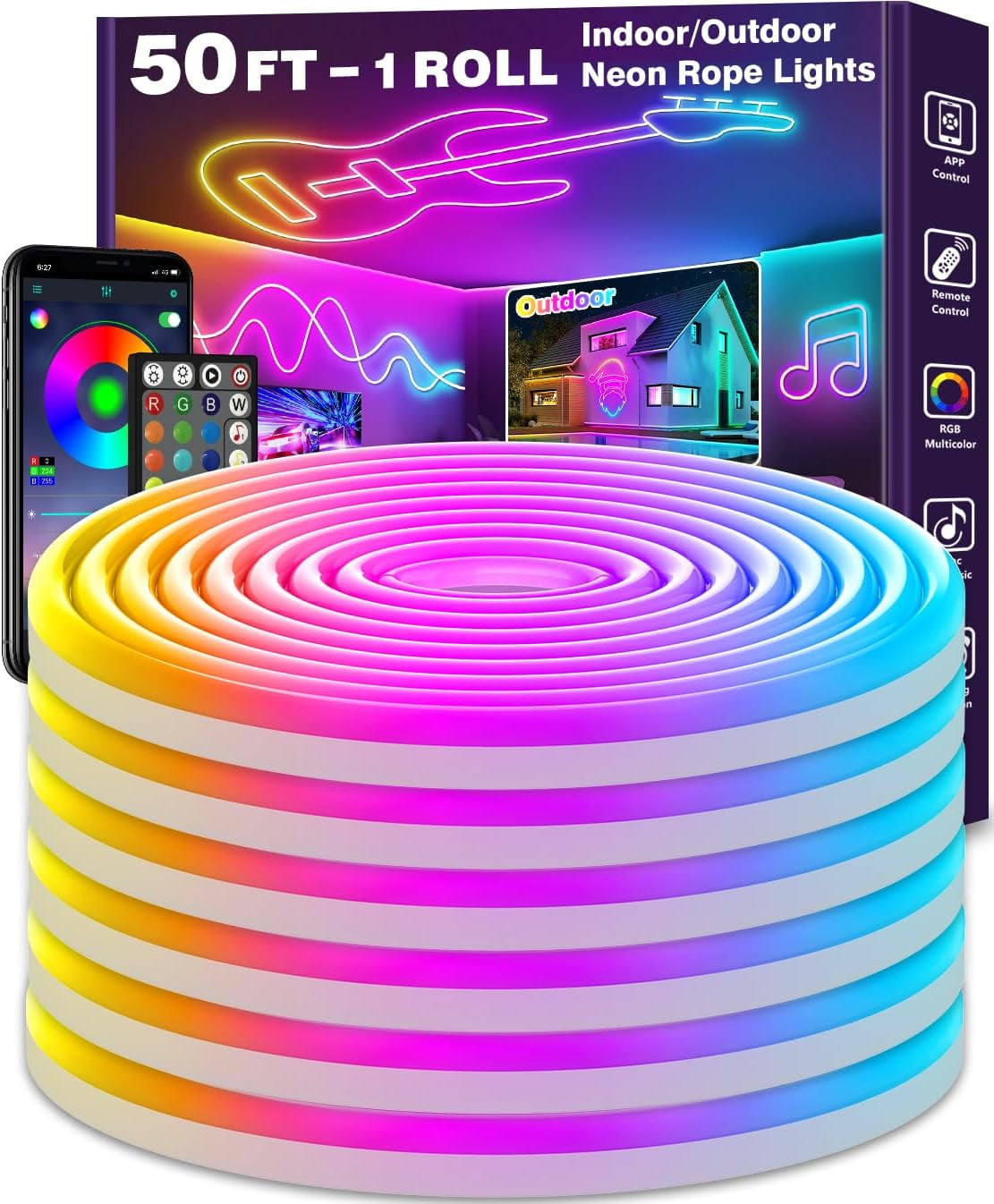50Ft Neon Rope Lights,Flexible Rope Lights Control with App/Remote ...