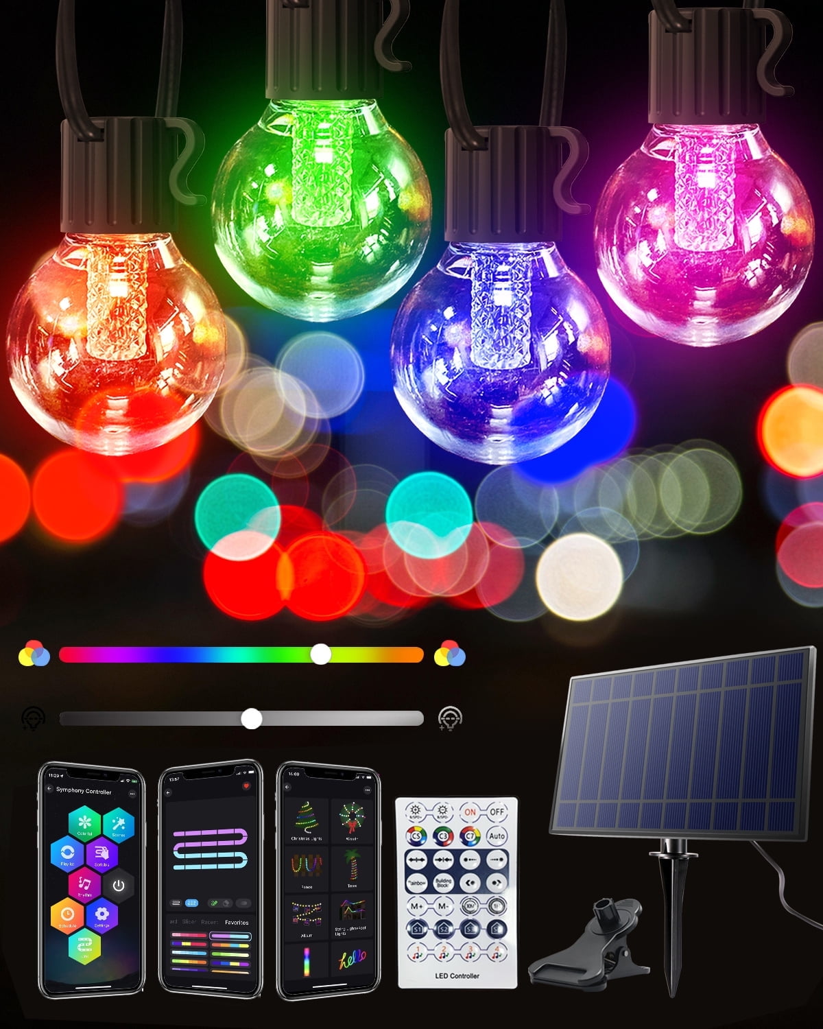 50Ft Solar Smart LED String Lights, G40 Globe, Waterproof, RGB App ...