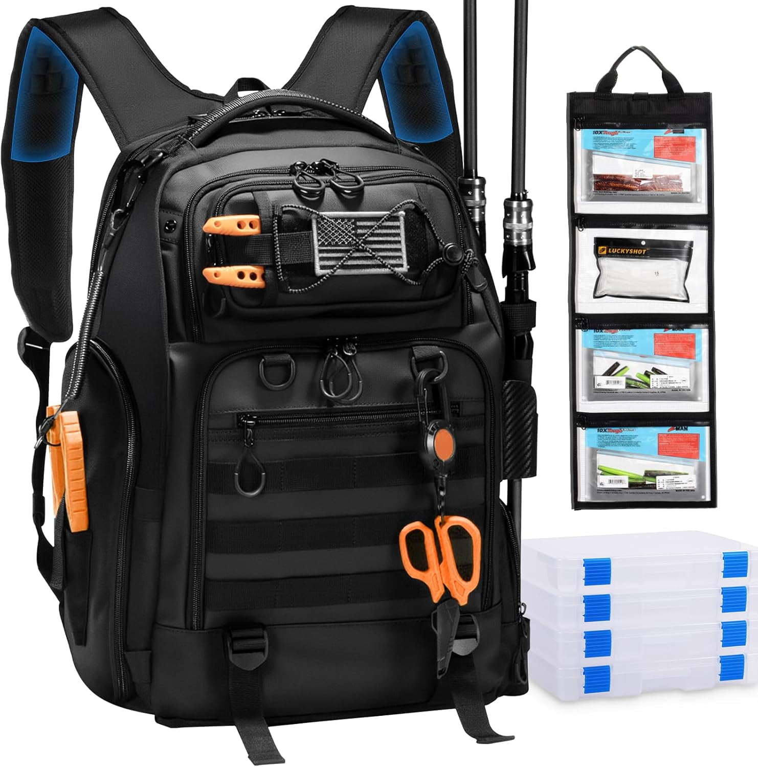 50L Fishing Tackle Backpack with Removable Lure Wraps,Include (4) 3600 ...