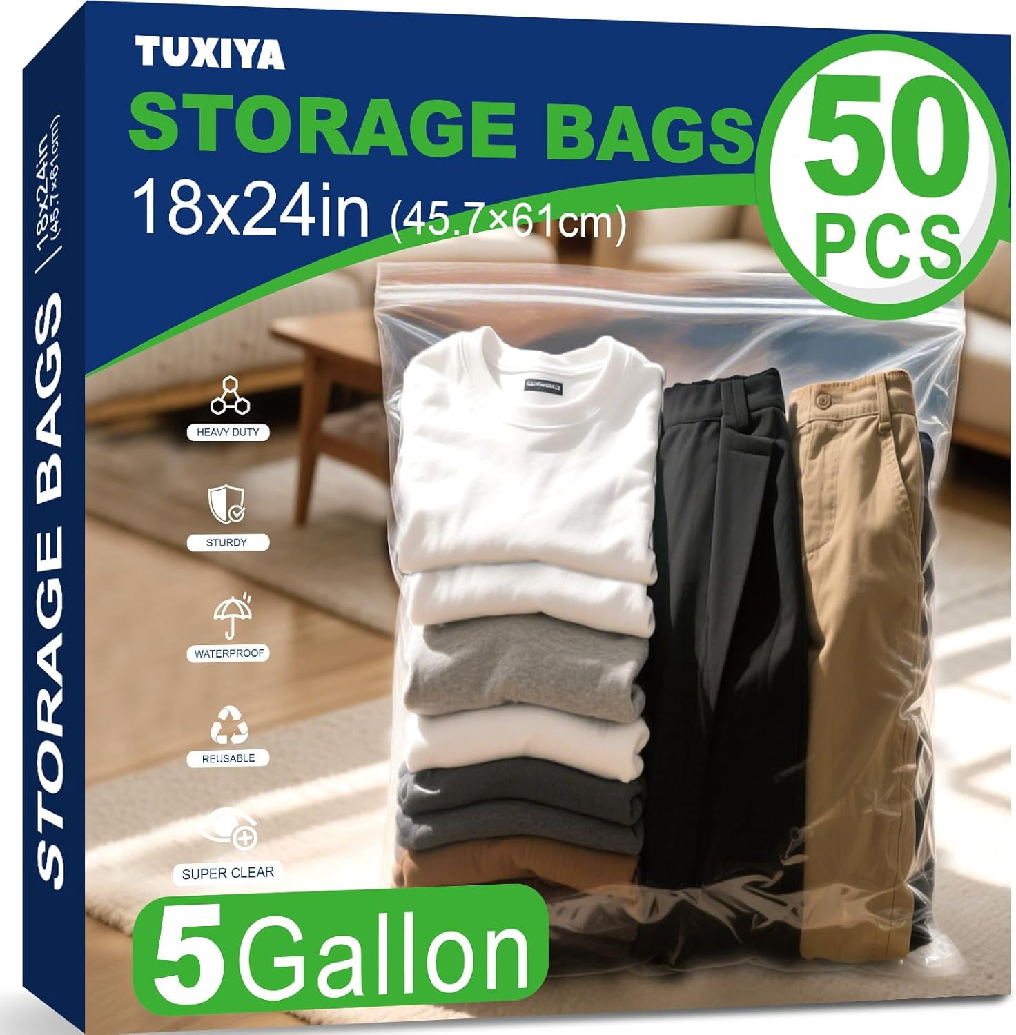 50PACK 5 Gallon Large Zipper Bags for Storage 18 x 24 Inch, Large Clear ...