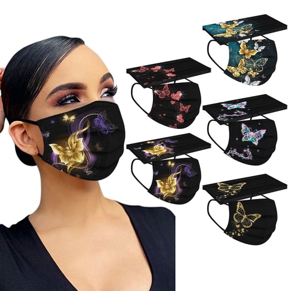 50PC Adults Black Face_Masks, 3-Ply Breathable FaceMasks with Printed ...