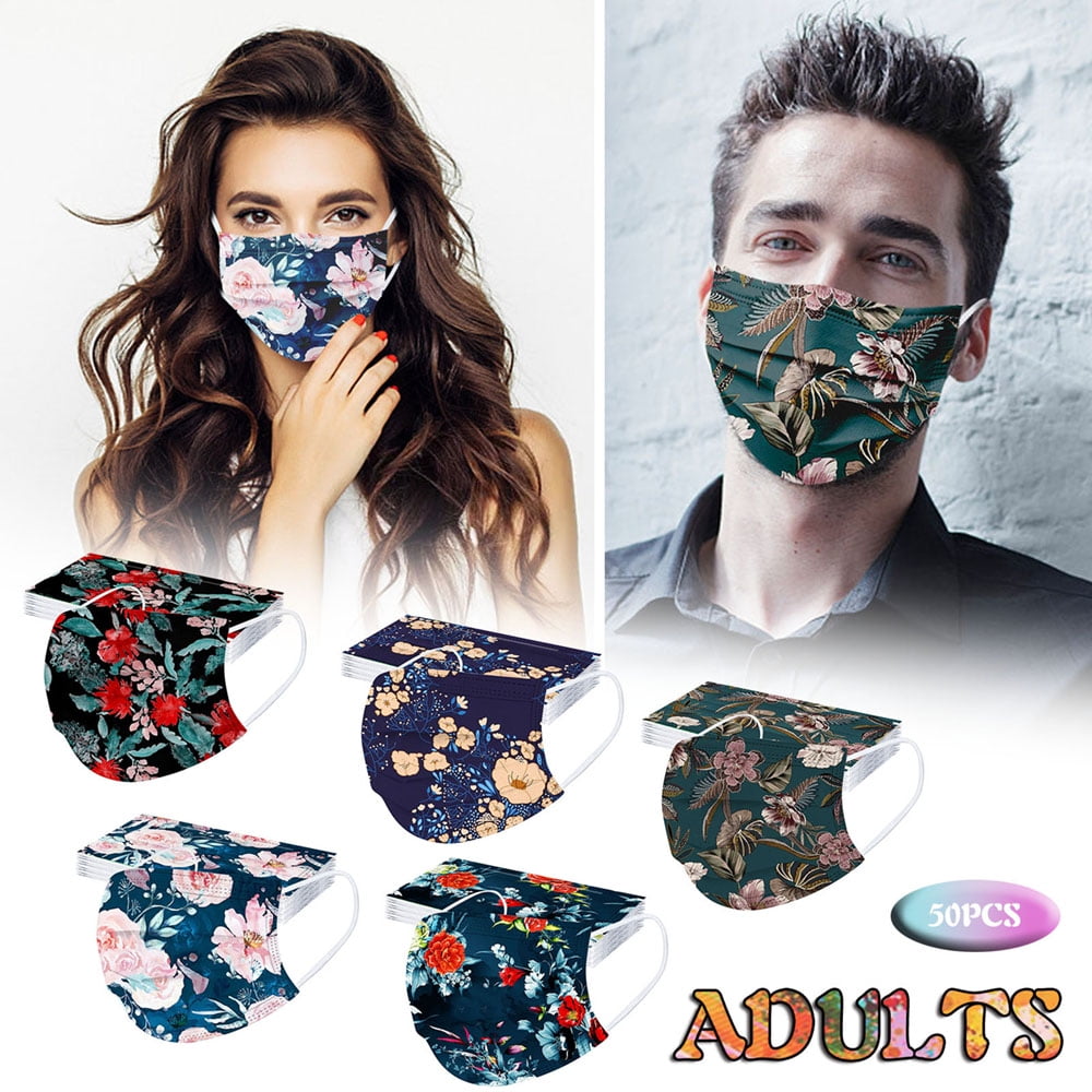 50PC Flower Printed Face Mask for Women 3-Ply Disposable masks Colors ...