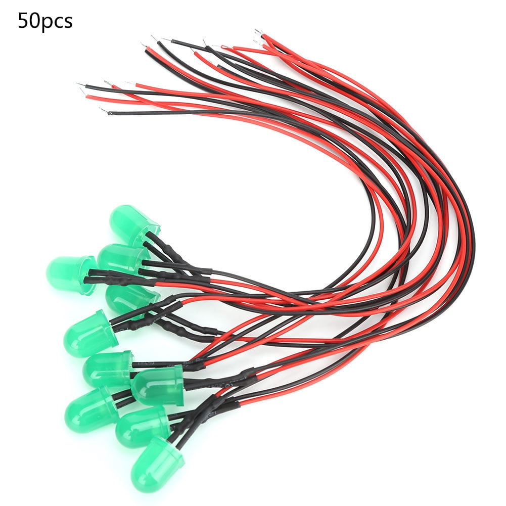 50PCS 12V 0.06W 10mm Chromatic LED Lamp Beads with 20CM 26AWG Lead for ...