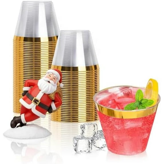 50PCS 9oz Gold Disposable Cups, Plastic Cups with Gold Rim, Cocktail ...