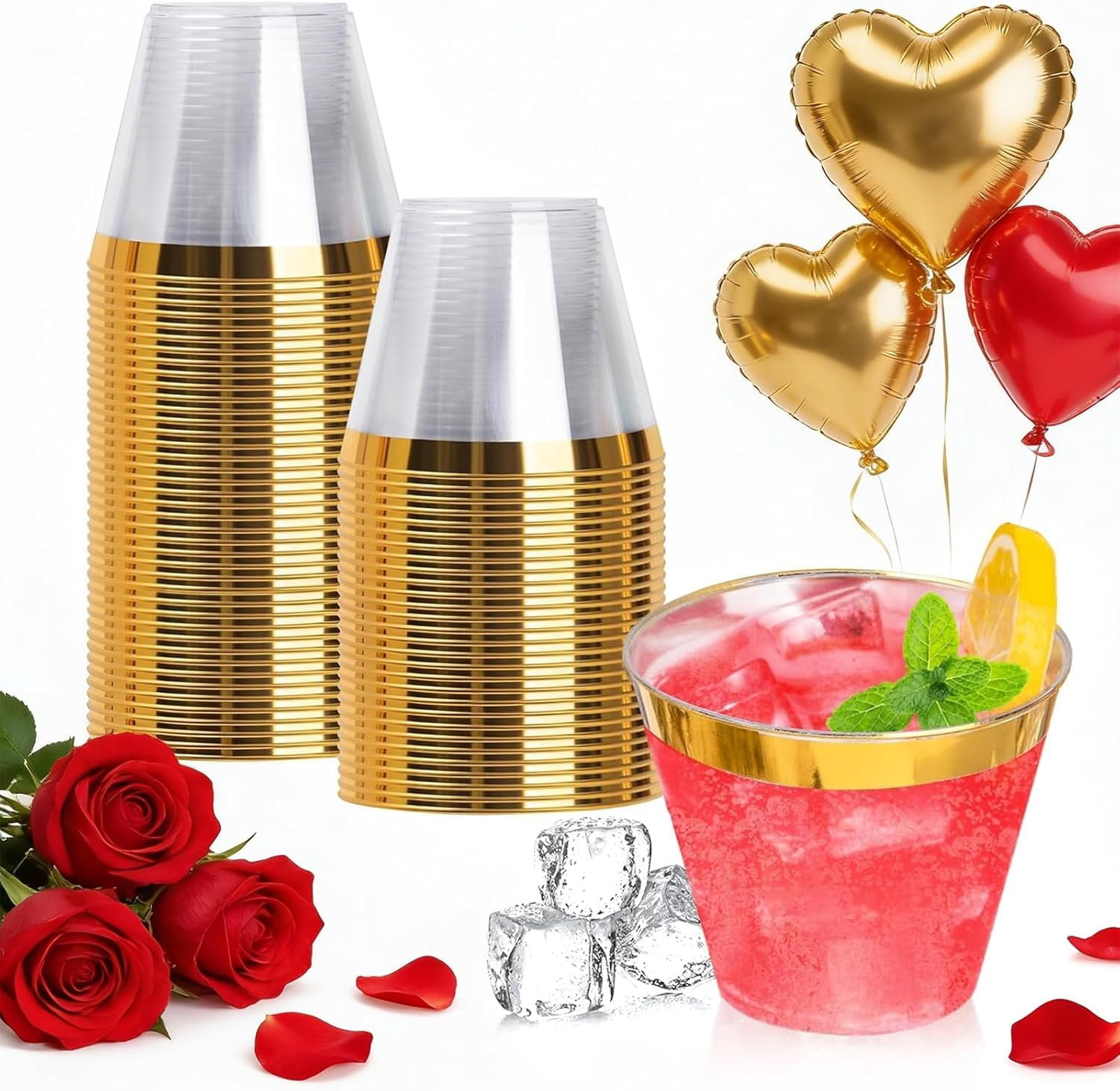 50PCS 9oz Gold Disposable Cups, Plastic Cups with Gold Rim, Cocktail ...