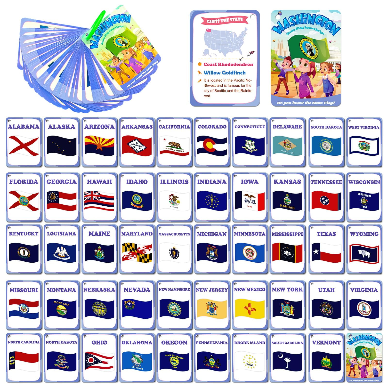 50PCS America State Flag AIF4 Flash Cards for Kids Waterproof USA State ...