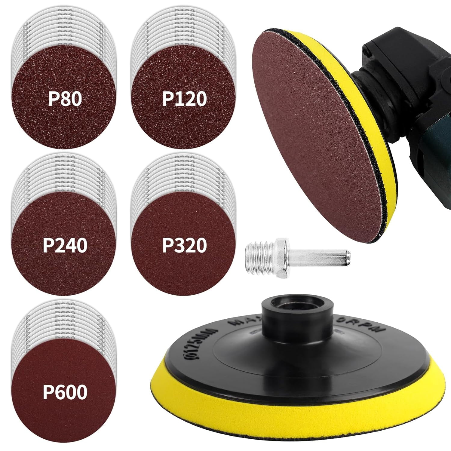 50PCS Angle Grinder Sanding Discs and 5 Inch Hook and Loop Backing Pad ...
