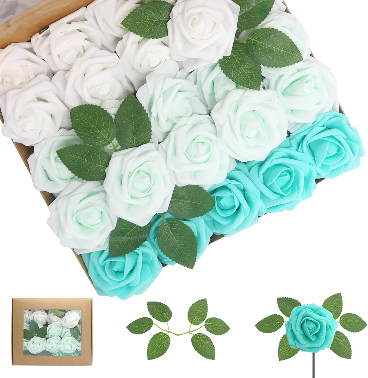 50PCS Artificial Flowers Green Series Roses Real Looking Foam Fake ...