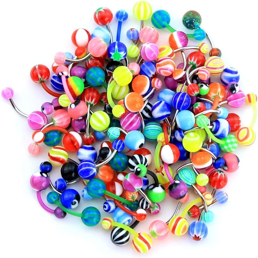 50PCS Belly Rings Pack Random Belly Button Bars Stainless Steel/Acrylic Banana Barbells Navel ...