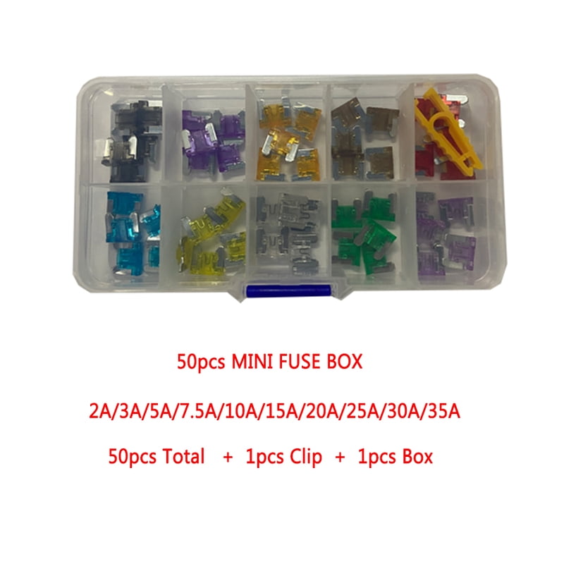 50PCS/Box Mini Car Fuses 2A 3A 5A 7.5A 10A 15A 20A 25A 30A 35A with Box Clip Assortment Auto ...