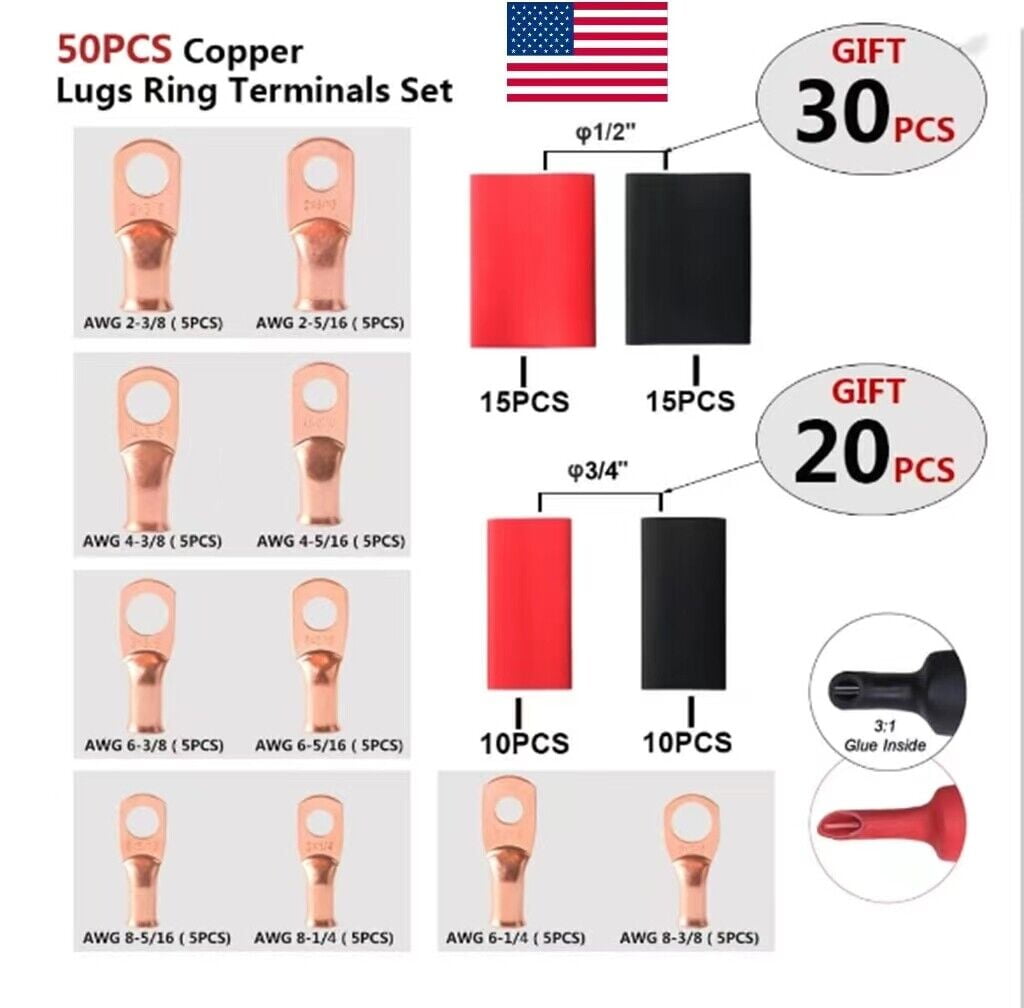 50PCS Copper Ring Terminal Wire Crimp Battery Electrical Cable Lug ...