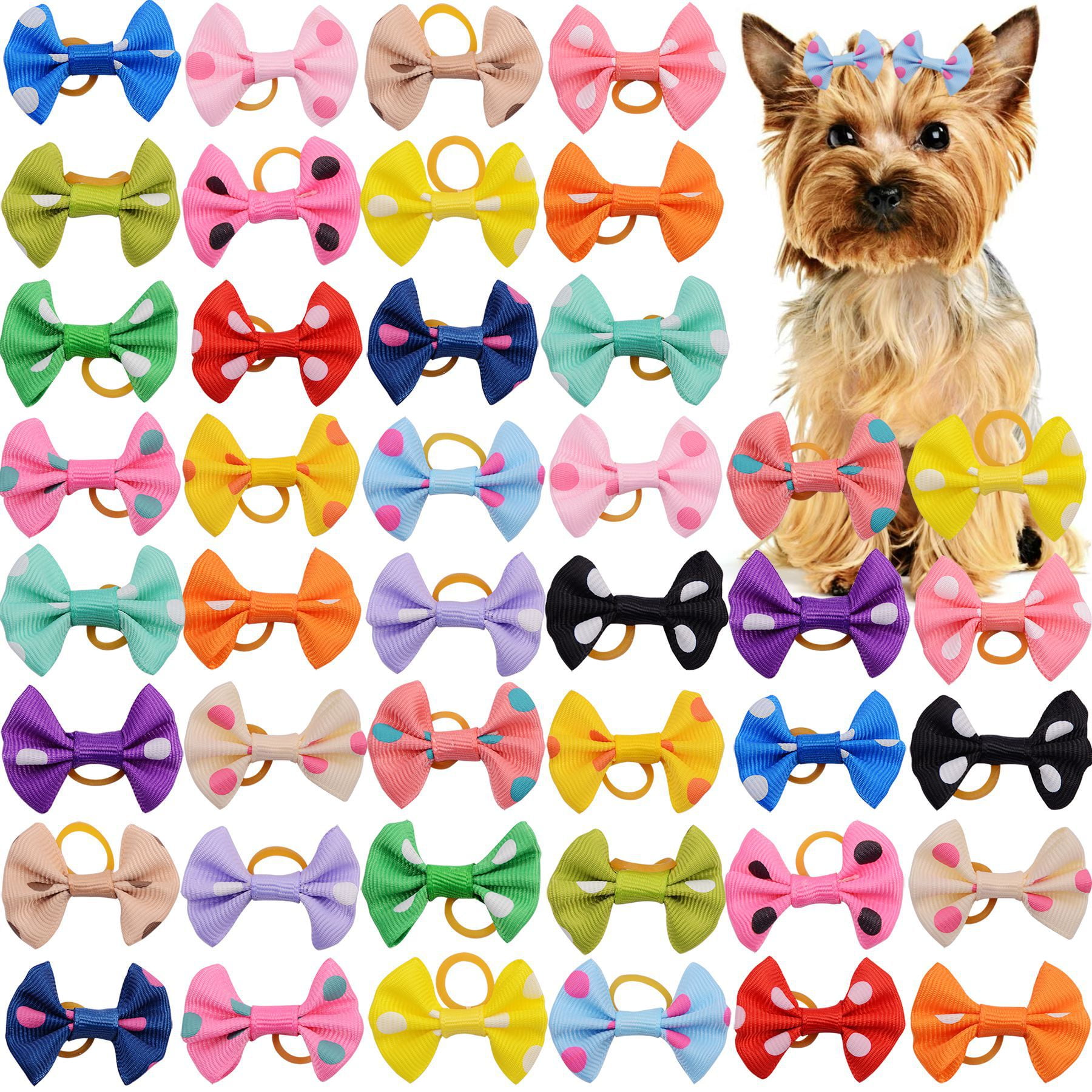 50PCS Cute Puppy Dog Small Bowknot Hair Bows with Rubber Bands Handmade ...