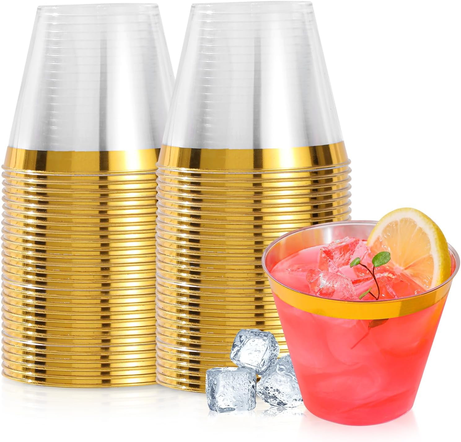 50PCS Gold Plastic Cups, 9 oz Clear with Metallic Gold Rim Disposable ...