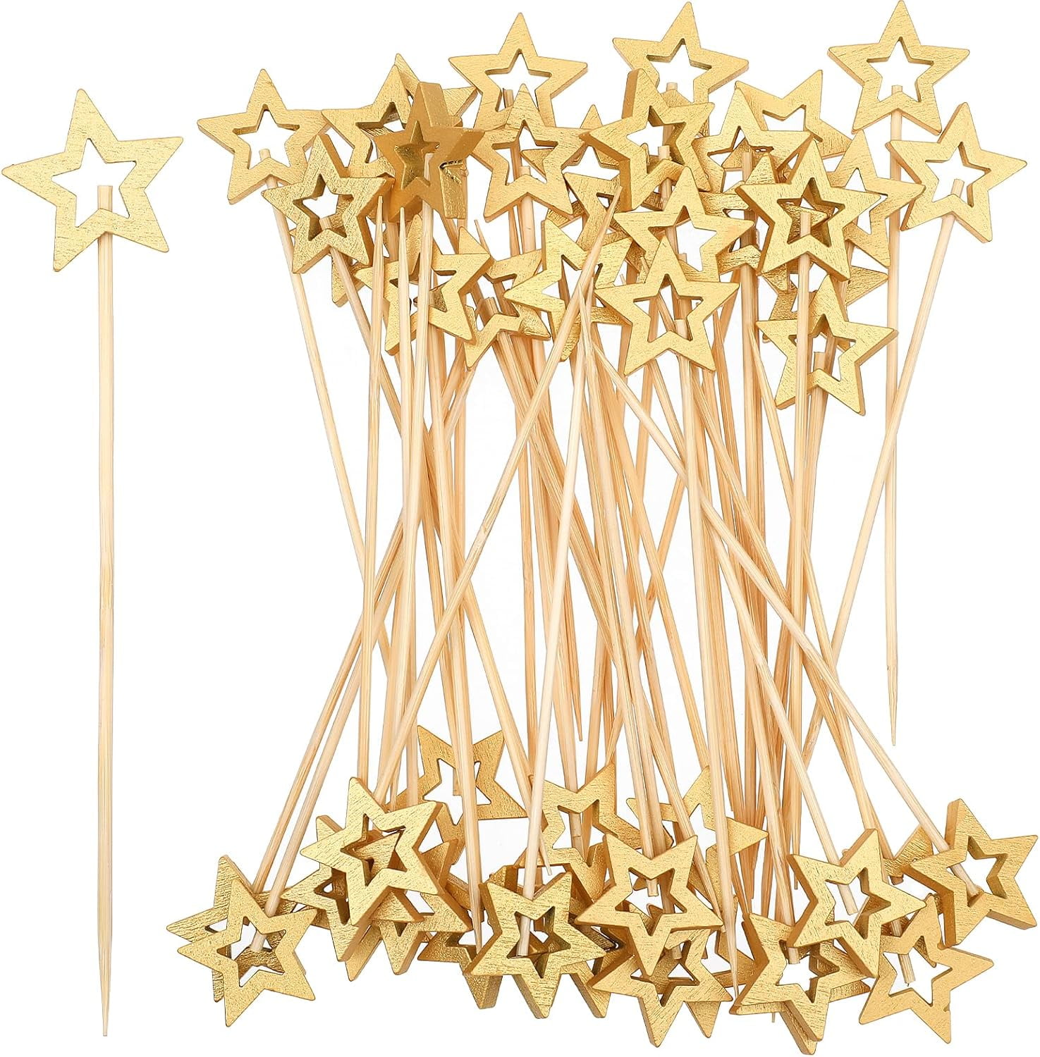 50PCS Gold Star Bamboo Cocktail Picks, 5.5 Inch Christmas Fancy ...
