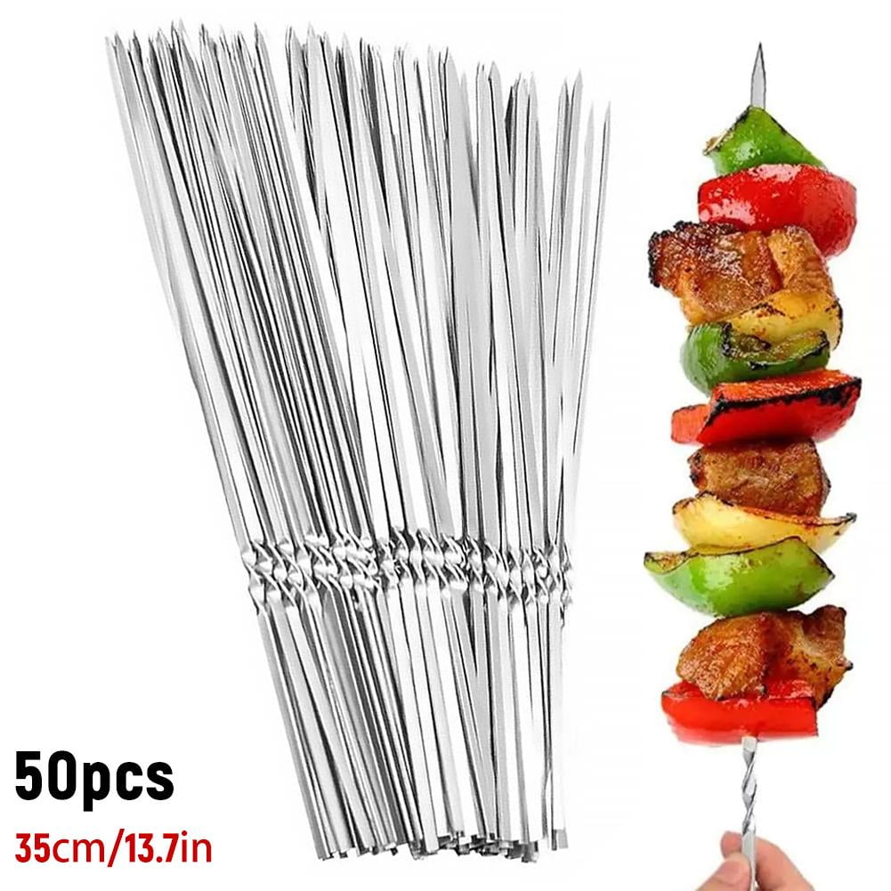 50PCS Kabob Skewers Flat Metal Stainless Steel BBQ Barbecue Skewer Anti-Ro By LEARNEVER ...