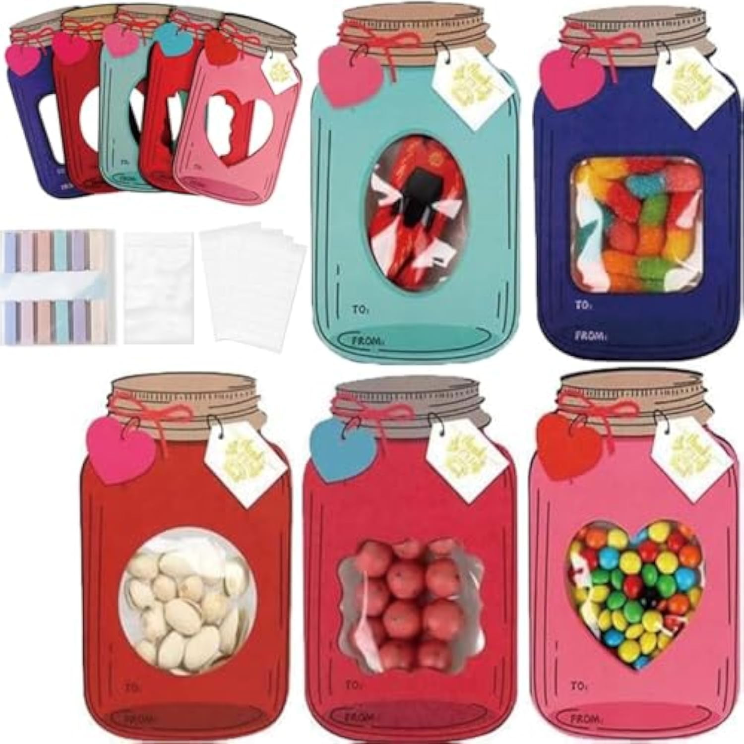 50PCS Mason Jar Valentines Day Cards, Valentine Mason Jar Cards, Mason ...