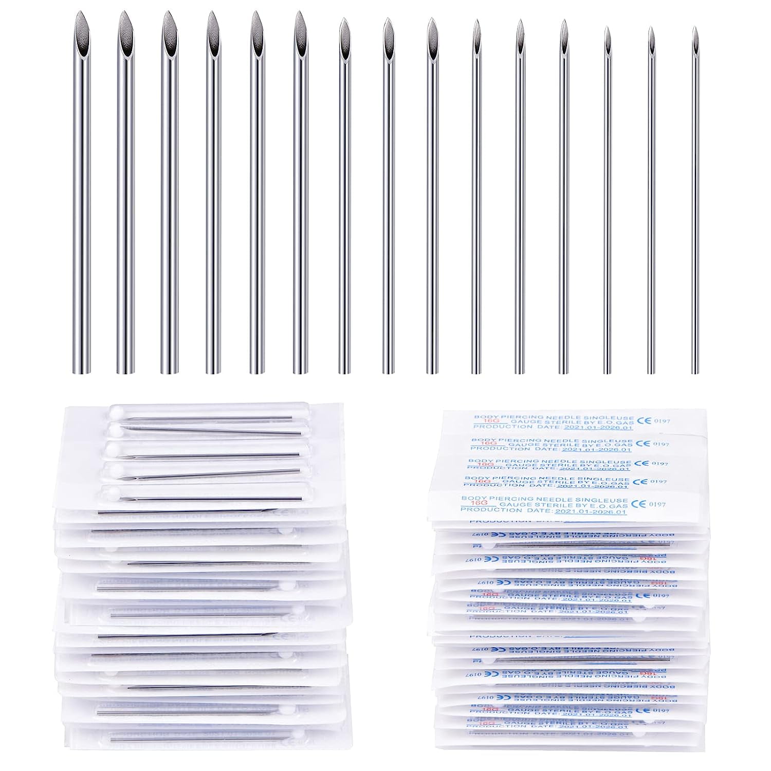 50PCS Mixed Body Piercing Needles, 12G 14G 16G 18G 20G Disposable ...