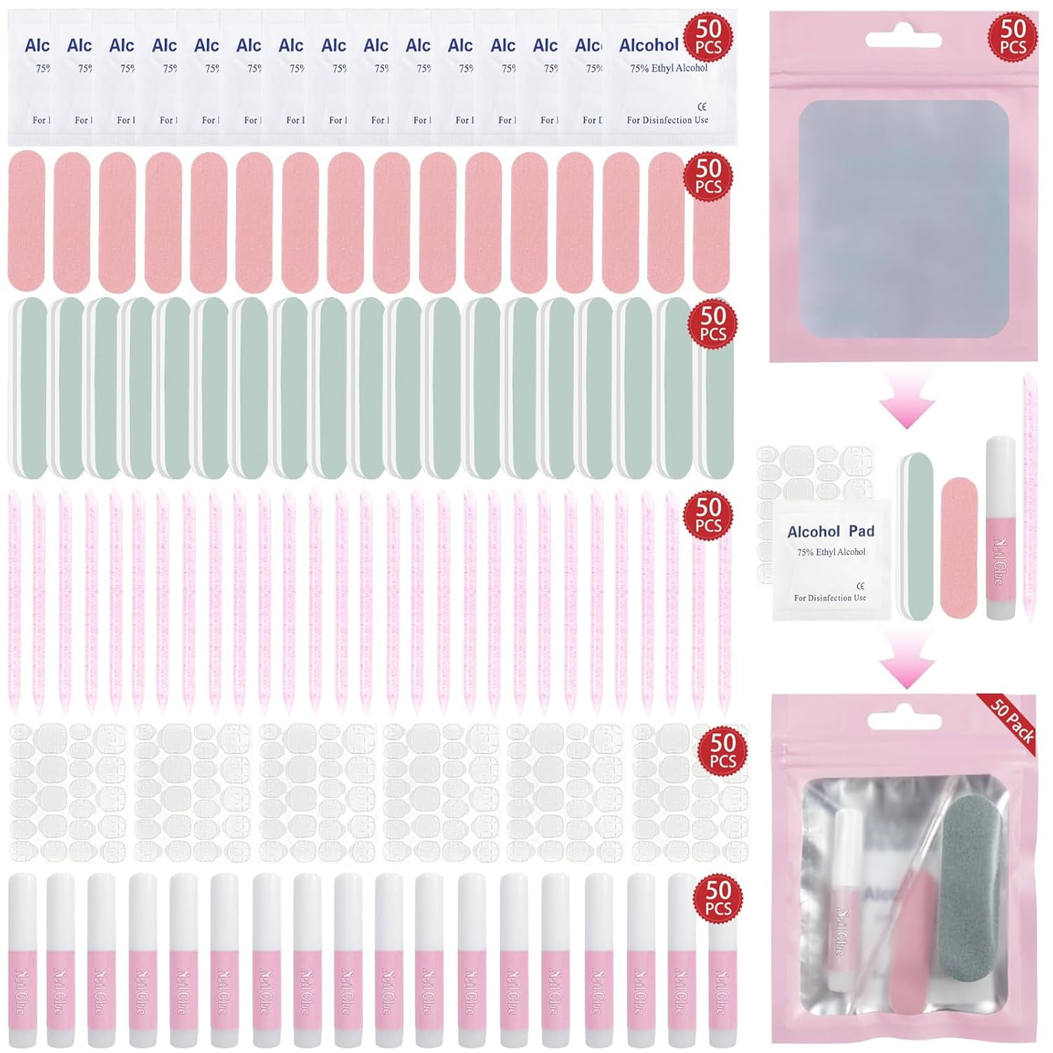 50PCS Press on Nail Tool Kit Nail Prep Kit with Nail Glue,Nail Adhesive ...