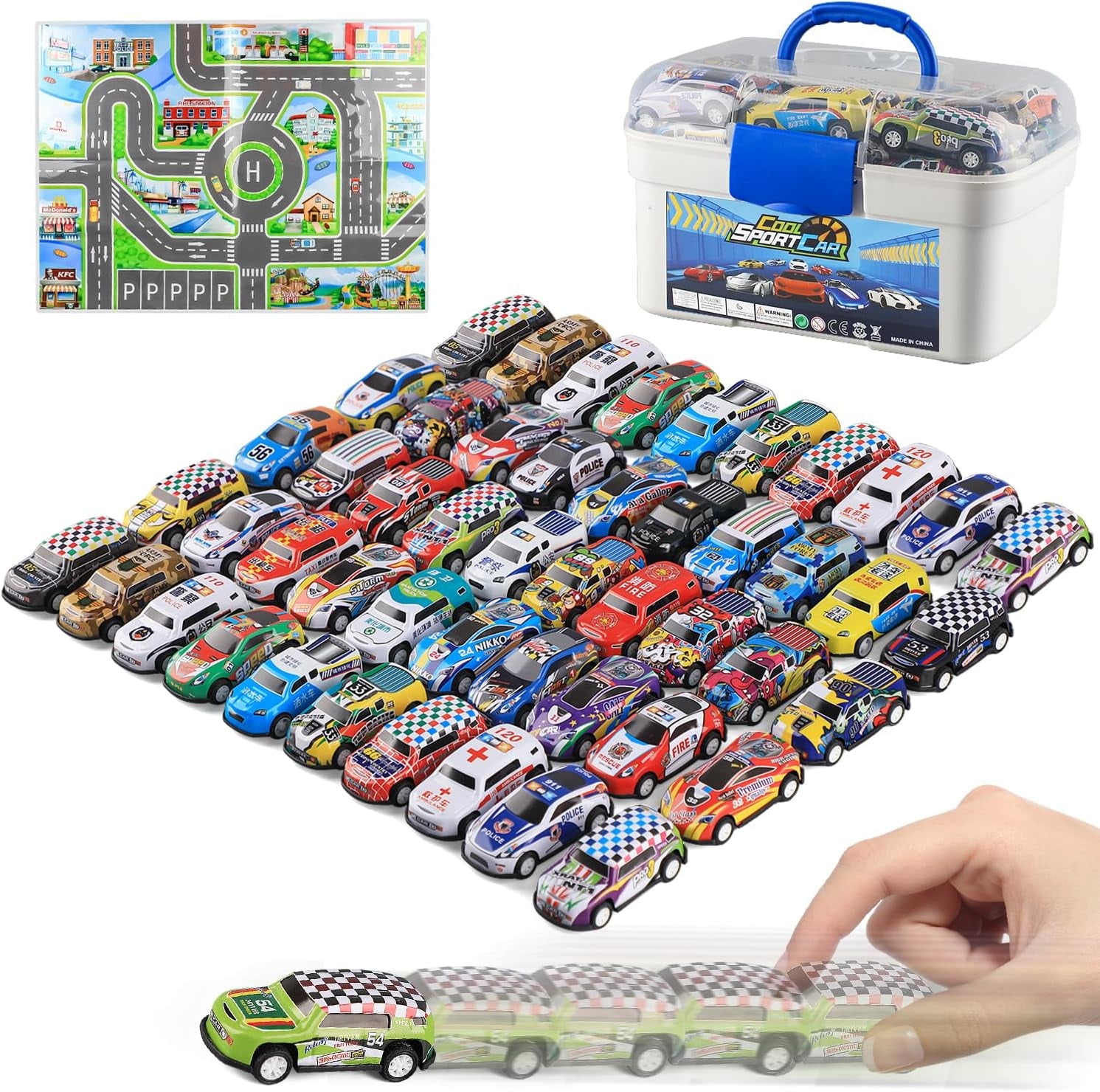 50PCS Pull Back Cars, Push and Go Toy Race Car Vehicle with Storage Box ...