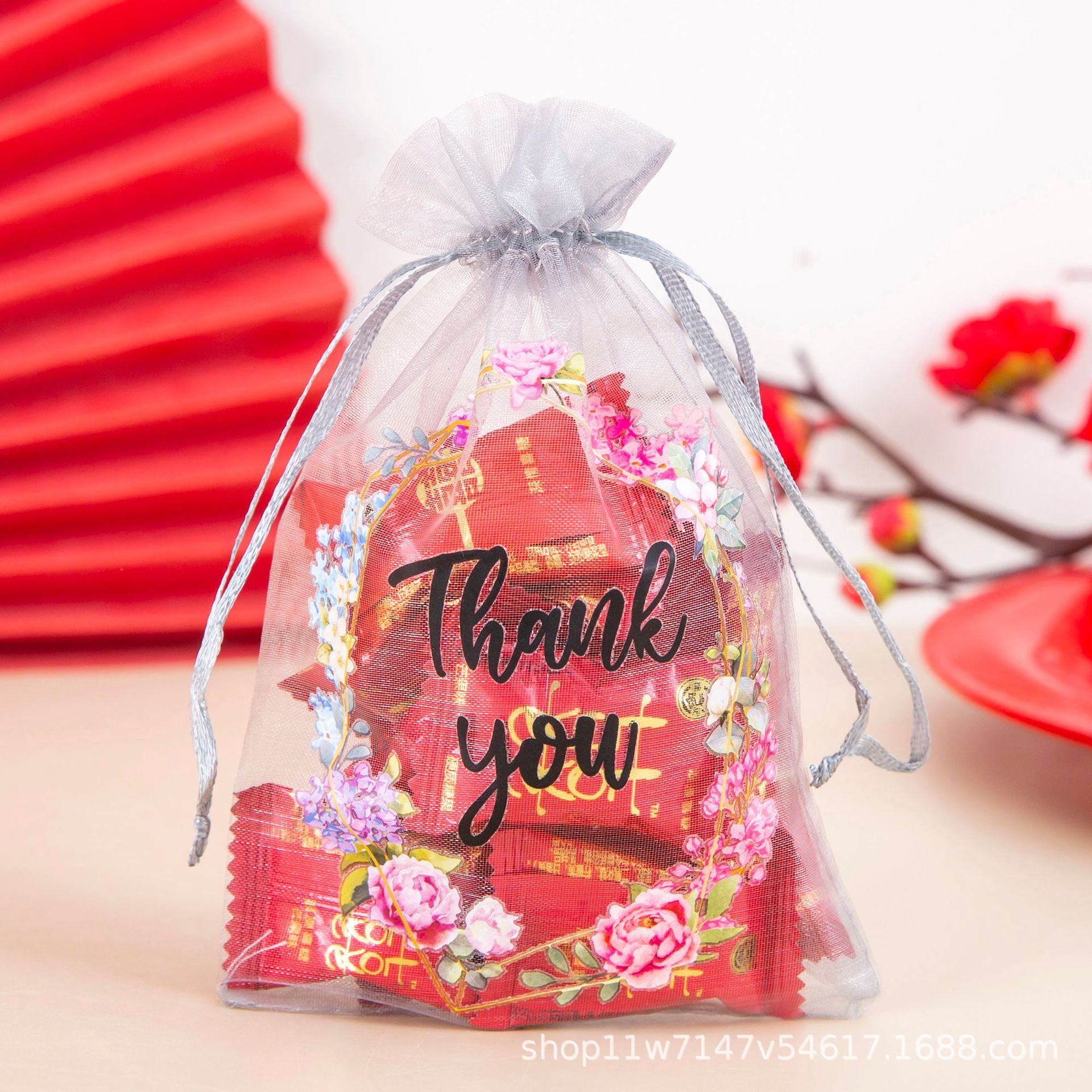 50PCS Thank You Small Organza Bags with Drawstring, 4 x 6 Mesh Wedding ...