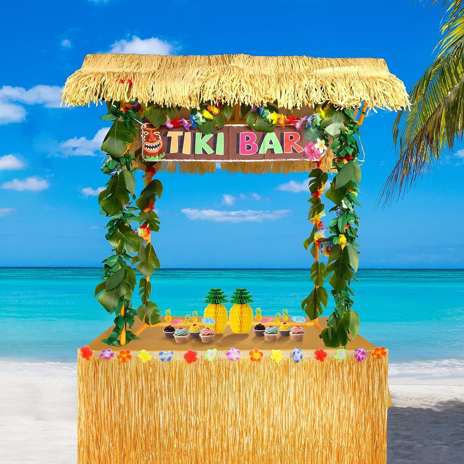50PCS Tiki Bar Hut Kit, Tiki Hut Decoration Includes Tiki Bar, Banner ...